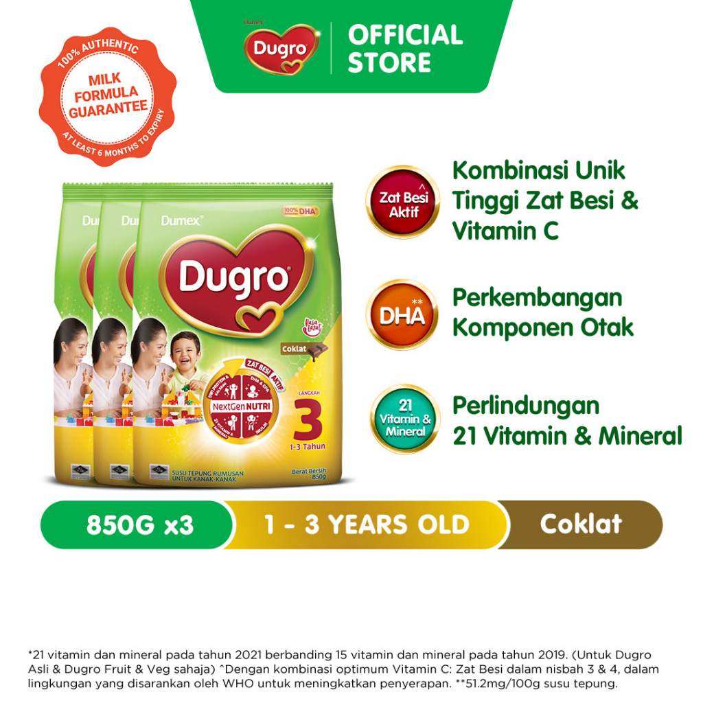 Dumex Dugro Step 3 Chocolate Growing Up Milk Formula 1-3 years (850g x ...
