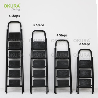 OKURA Folding Steel Pipe 3 / 4 / 5 / 6 Wide Step Ladder Foldable Household Indoor Platform Stair ...