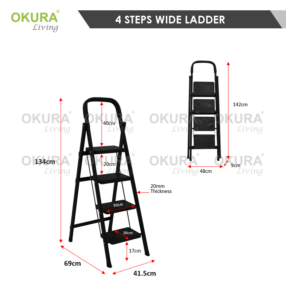 OKURA Folding Steel Pipe 3 / 4 / 5 / 6 Wide Step Ladder Foldable Household Indoor Platform Stair ...