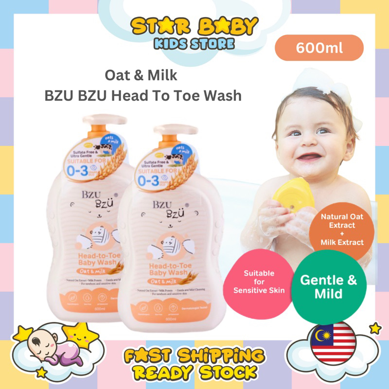 Stok Sedia BZU BZU Mandian Bayi Head to Toe Baby Wash Oat & Milk (600ml ...