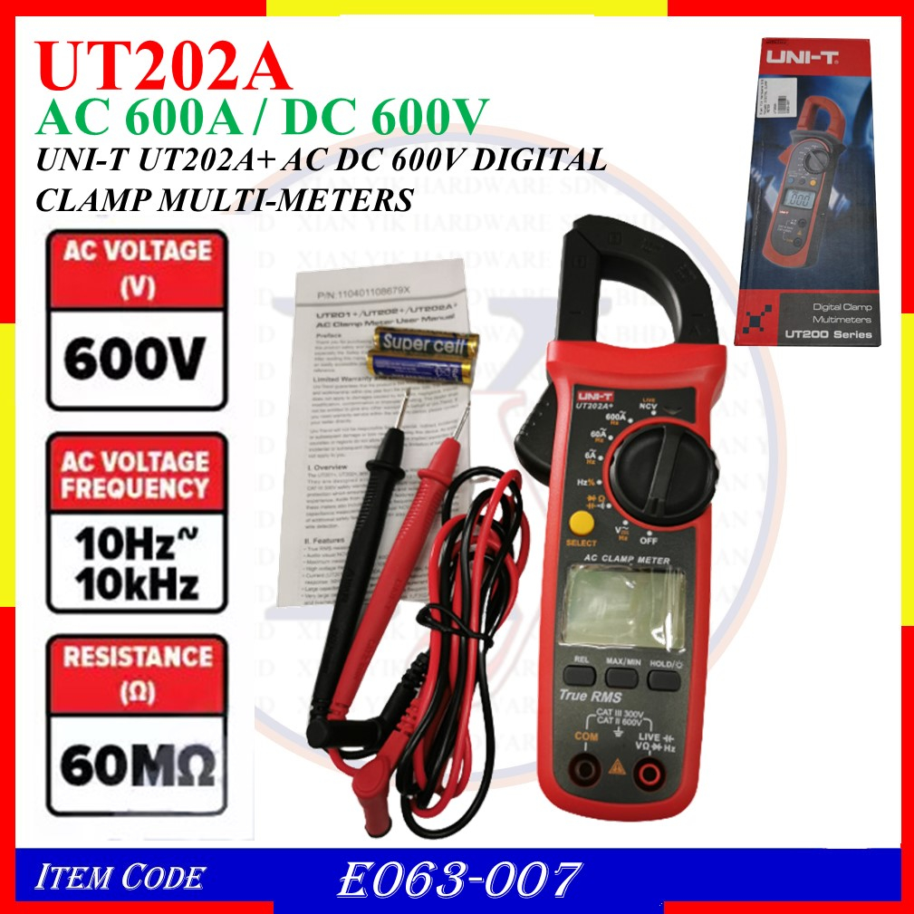 E063-007 (UT202A) UNI-T UT202A+ AC DC 600V DIGITAL CLAMP MULTI-METERS ...