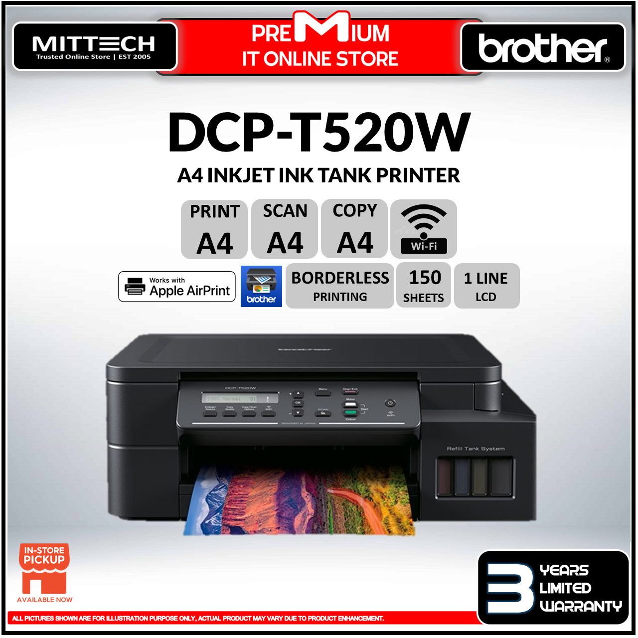 Brother Colour Inkjet Printer DCP-T520W | 4 Bottles Ink Included ...