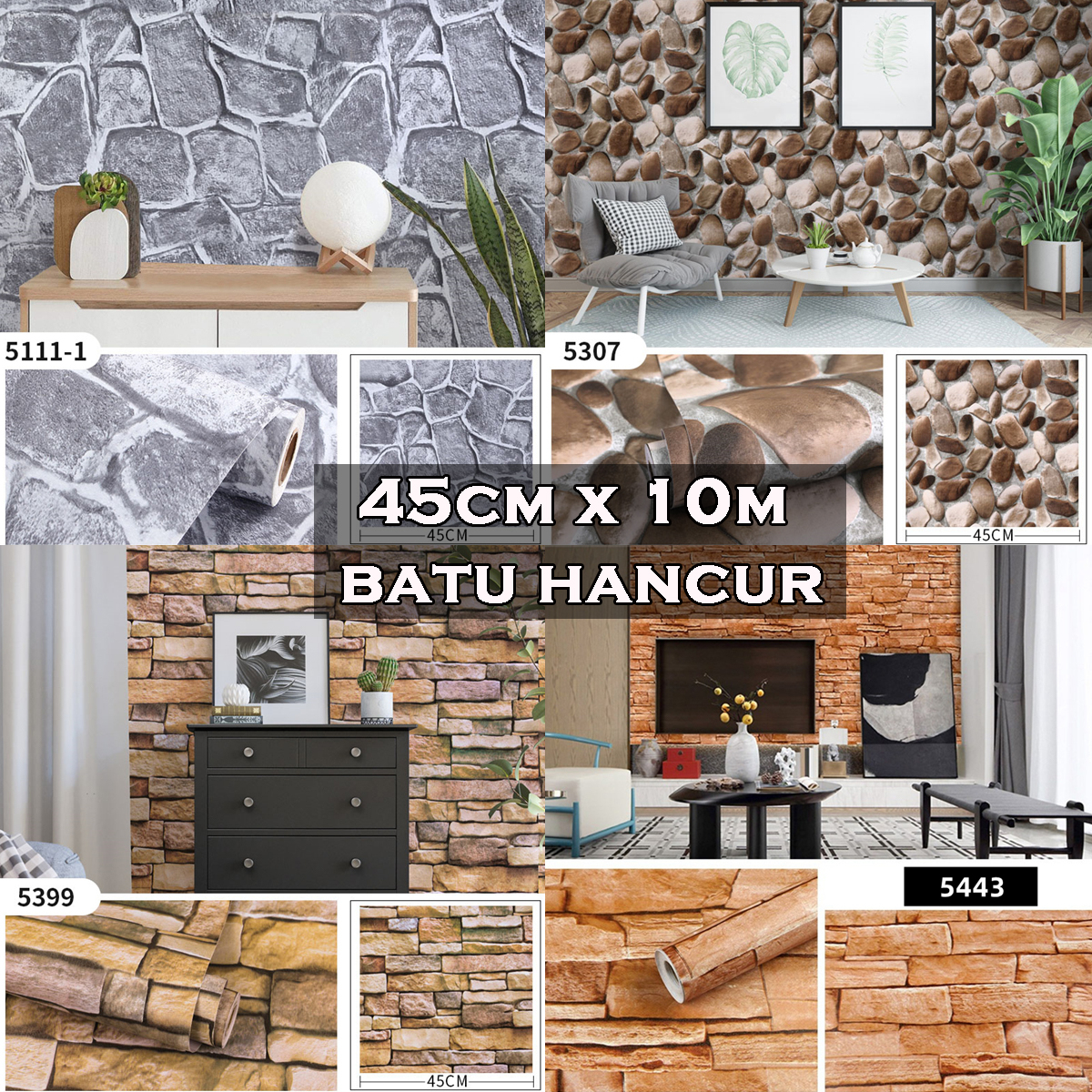 Wallpaper Kertas Dinding 45cm x 10m Batu Hancur Ruang Tamu Wall Sticker ...