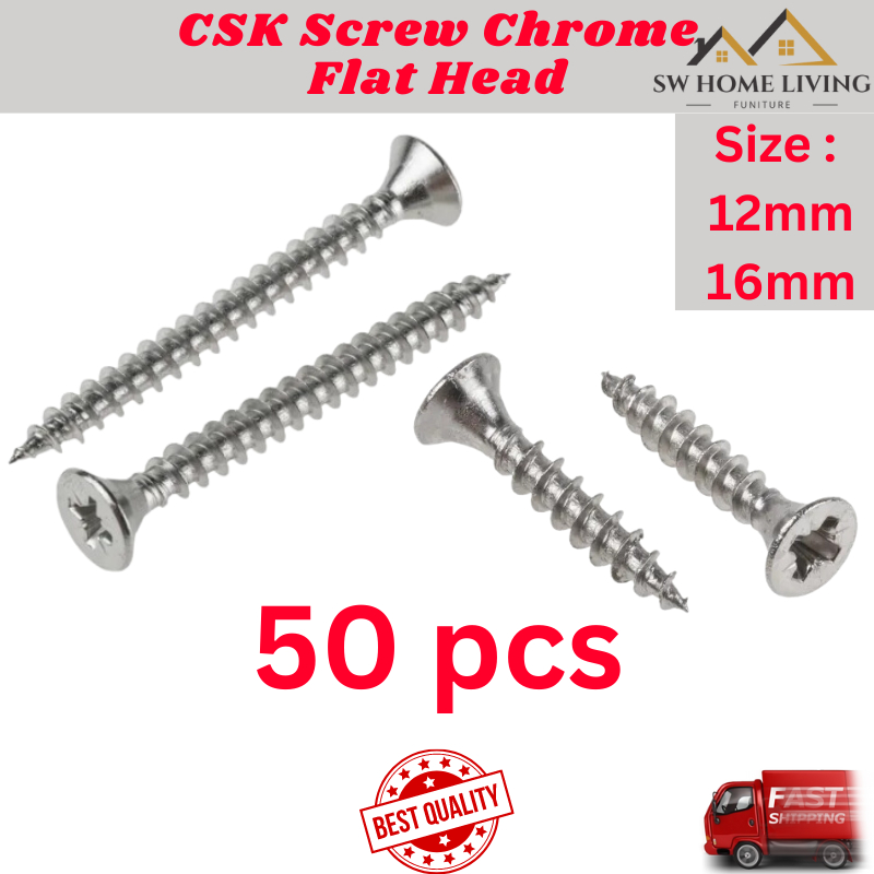 SW Skru CSK 50biji Saiz M8 M6 12mm 16mm 50pcs Screw Chrome Flat Head ...