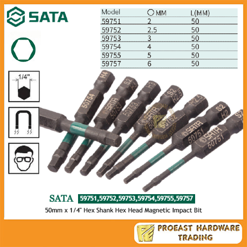 SATA 50mm x 1/4'' Hex Shank Hex Head Magnetic Impact Bit ( 2MM, 2.5MM ...