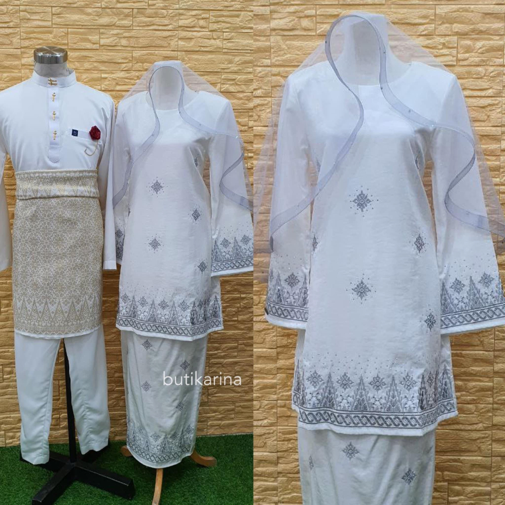SET NIKAH EXCLUSIVE / KURUNG MODEN SAREE WARNA PUTIH SULAM SILVER GAYA ...