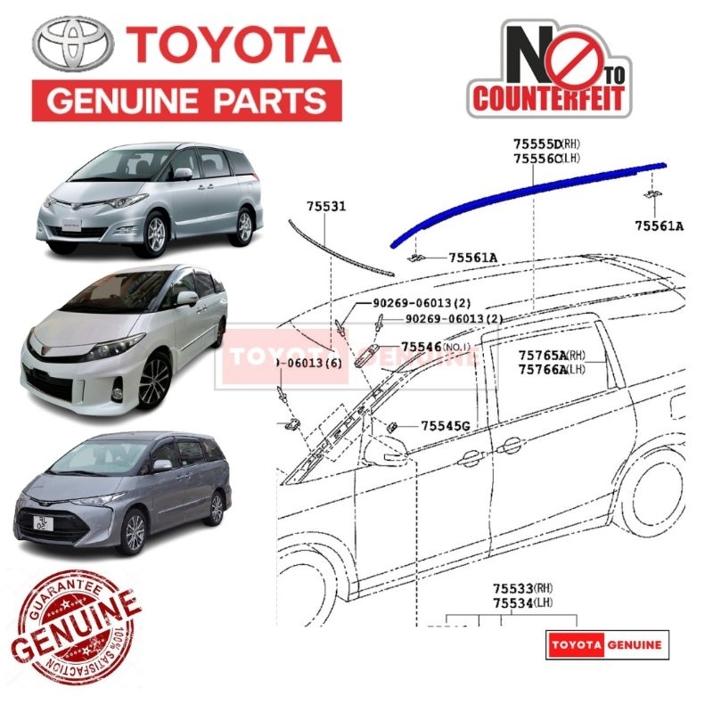 Toyota Estima ACR50 GSR50 ORIGINAL Roof Moulding (Roof Rubber) 75555 ...