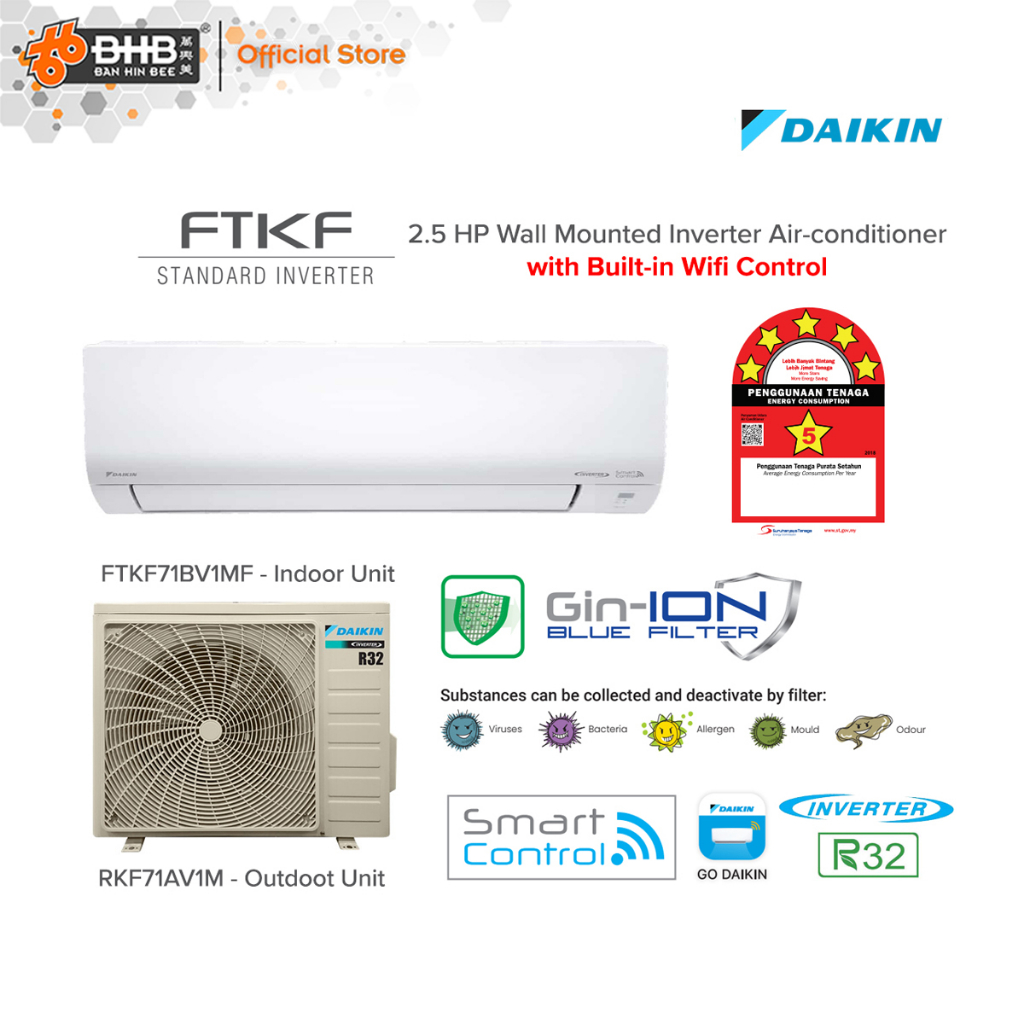 Daikin FTKF71BV1MF 2.5 HP Wall Mounted Standard Inverter Air ...