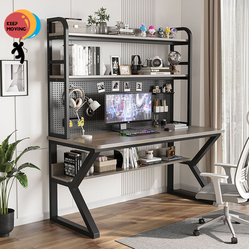 Office Computer Desk With Perforated Board Book Shelf Dual Tier Writing ...