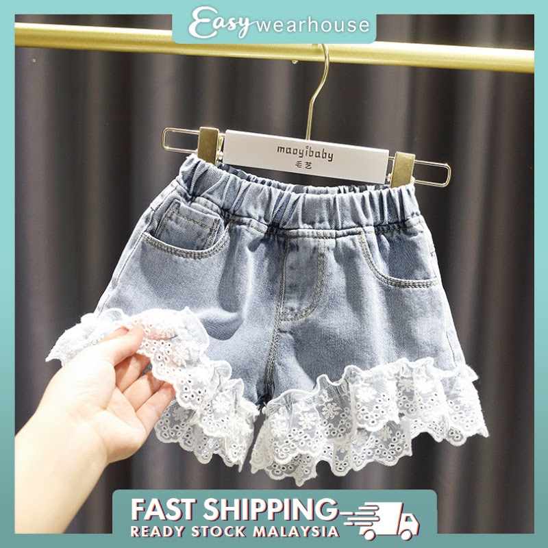 EASY WEARHOUSE Girls Korean Style Lace Denim Short Jeans Pants | Shopee ...