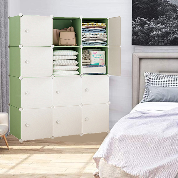 Free Hanger~ DIY Green Cabinet 12/16 Cubes Almari Green White Wardrobe ...