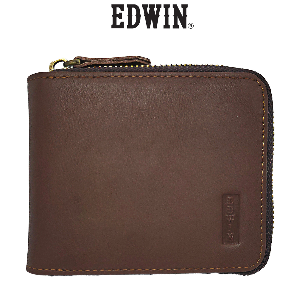 𝗘𝗗𝗪𝗜𝗡 𝗖𝗢𝗟𝗟𝗘𝗖𝗧𝗜𝗢𝗡 Genuine Top Grain Leather Logo Short Zipper Bifold ...