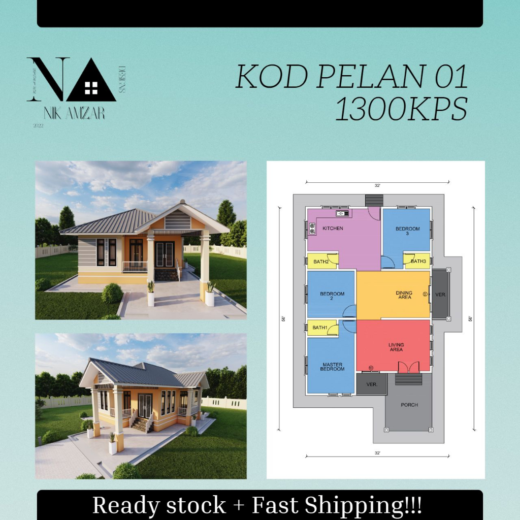 PELAN RUMAH KOD 01 (1300KPS)(3 BILIK TIDUR) PELAN RUMAH 3D + PELAN ...
