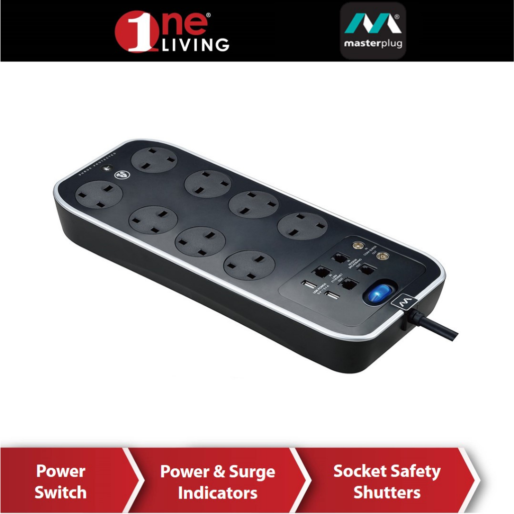 Masterplug Surge Protector 8 Gang Extension Black SRGSUTAC82PB ...