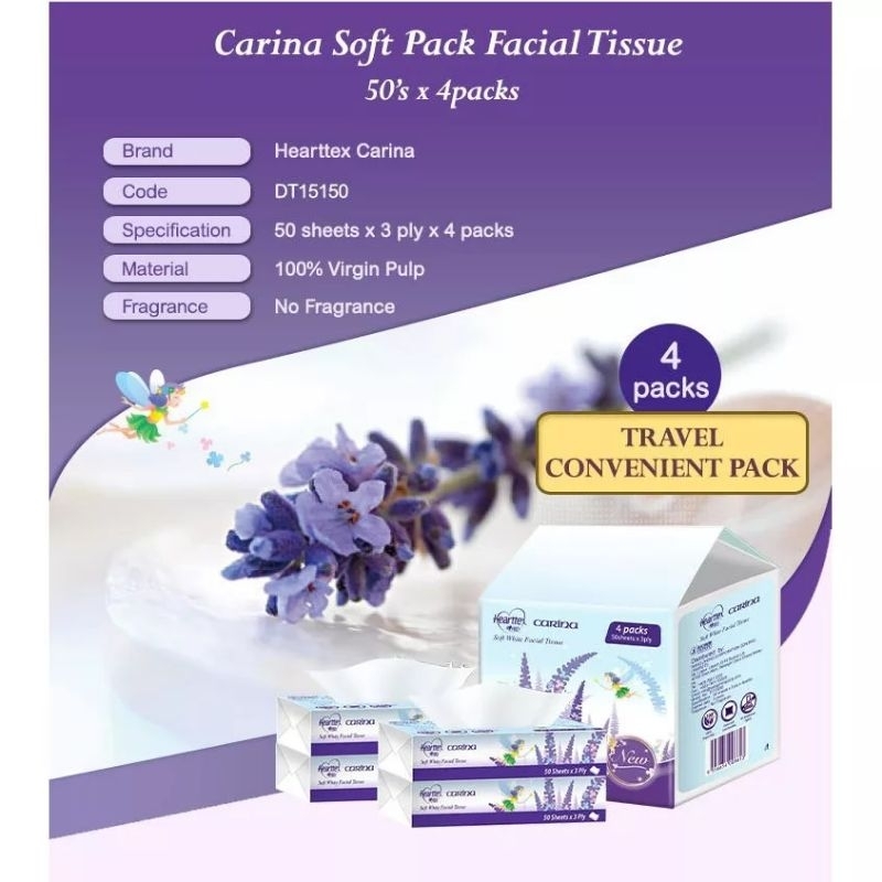 CARINA SOFT TRAVEL PACK FACIAL TISSUE 50 sheets ( 4 packs ) | Shopee ...