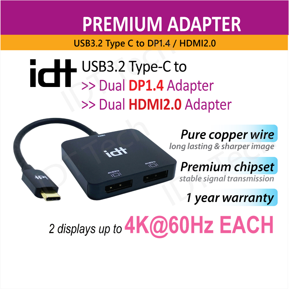 IDT Type-C to 2 DP 1.4 / HDMI 2.0 ports Adapter, USB C to Dual DP1.4 ...