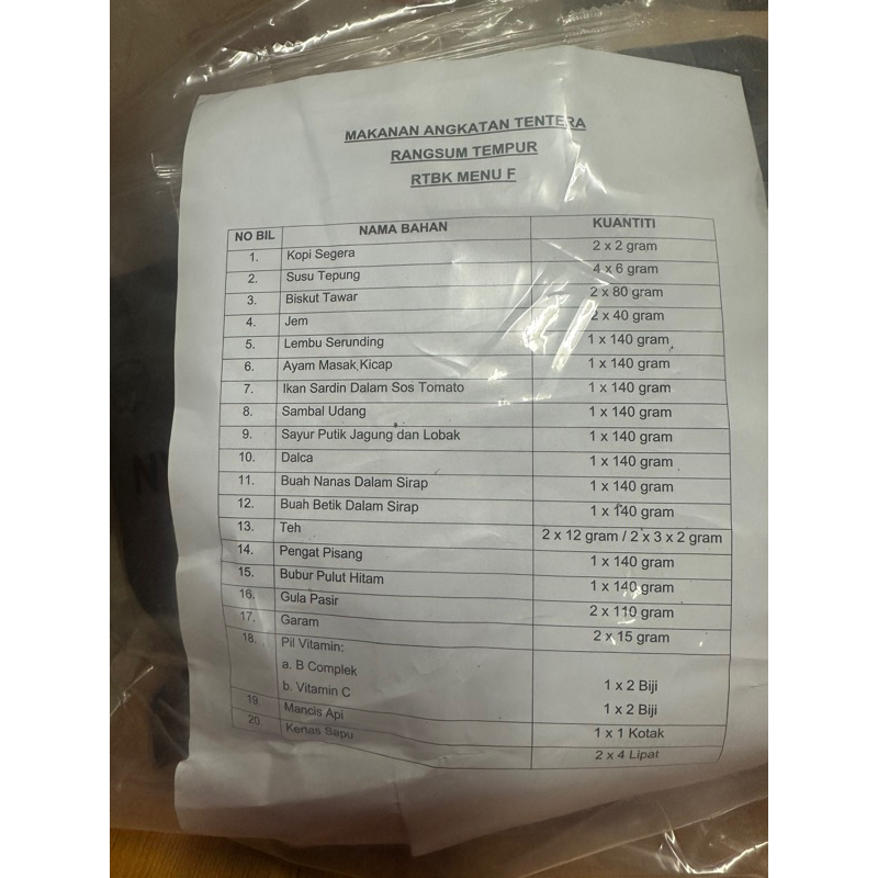 BUNGKUSAN Rangsum Tempur Bekalan Kering atau bungkusan kantung (RTBK ...