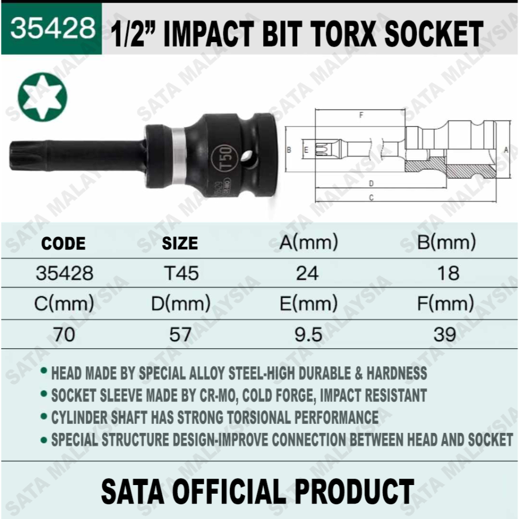 SATA Impact Socket Bit Torx 1/2" Pneumatic Torx Socket Bit Soket Bit Torx Pneumatik Sata Tools ...