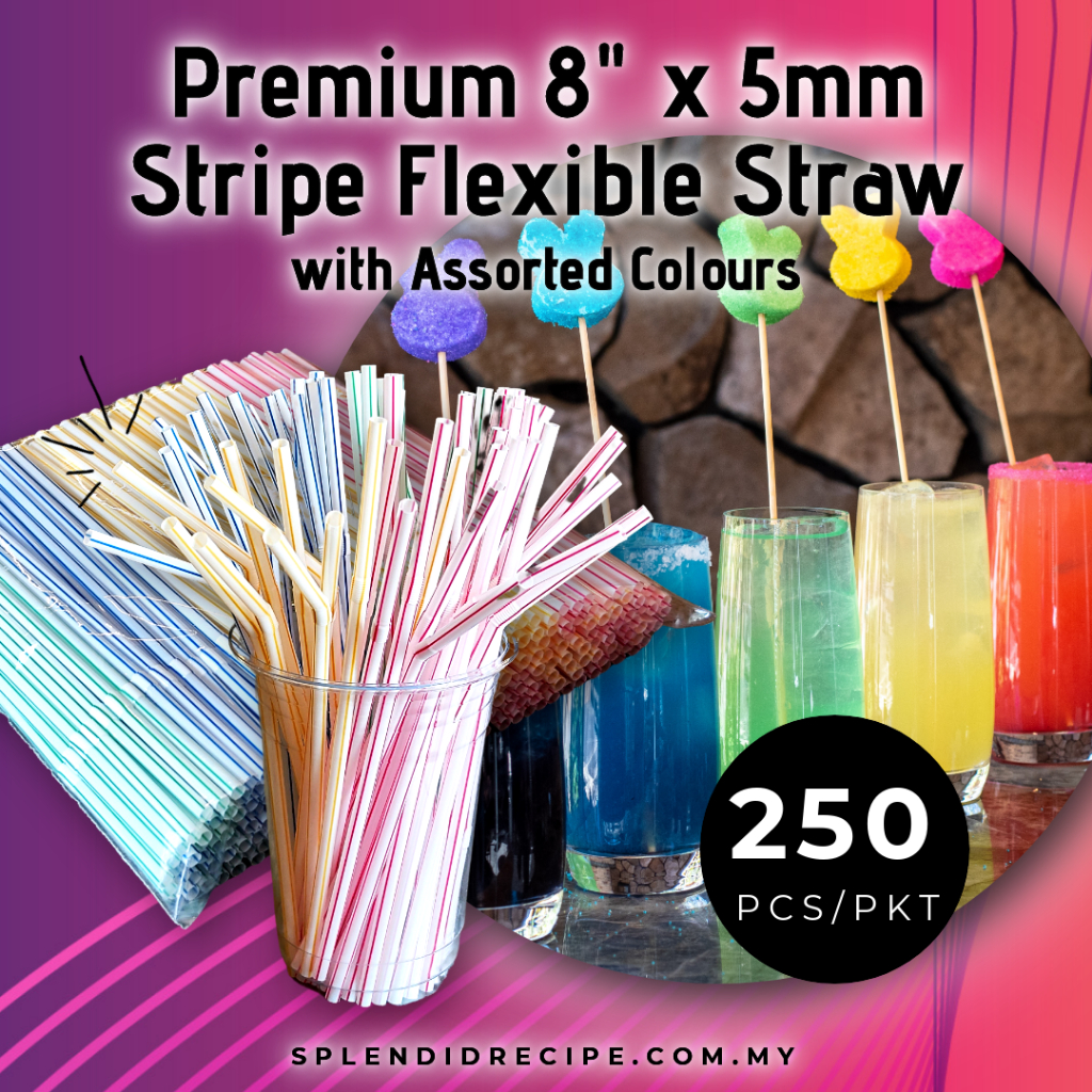 Premium 8" x 5mm Stripe Flexible Straw Flat End Assorted Colors ...