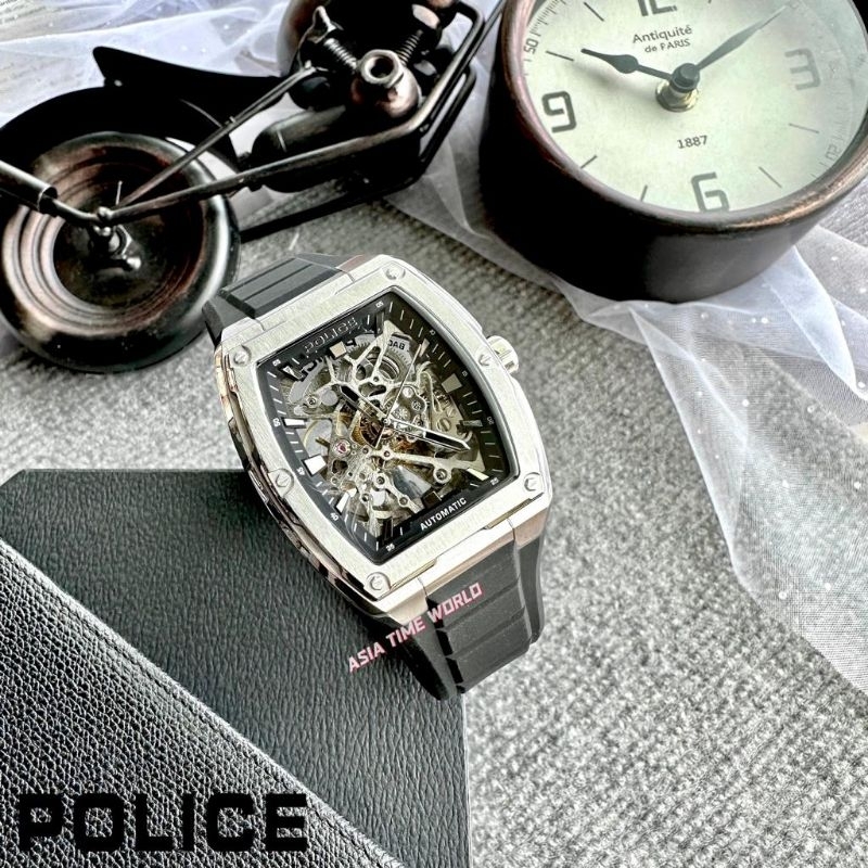 Police | PEWJR0005902 Rectangle Men Watch with Skeleton Dial and Black ...