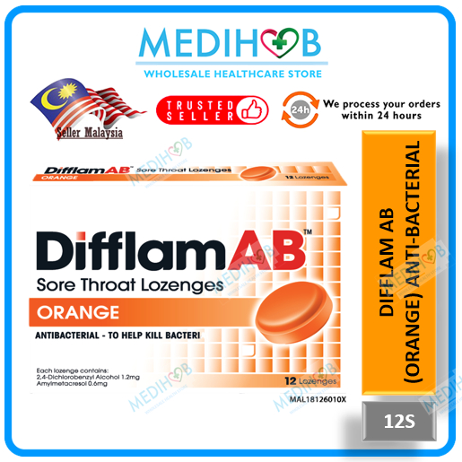 Difflam AB Sore Throat Lozenges 6's/Pack & 12's/Box ( Orange / Lemon ...