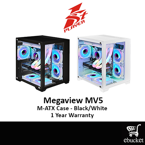 1ST PLAYER Megaview MV5 M-ATX Case - Black/White (3 X ARGB FAN + HUB ...