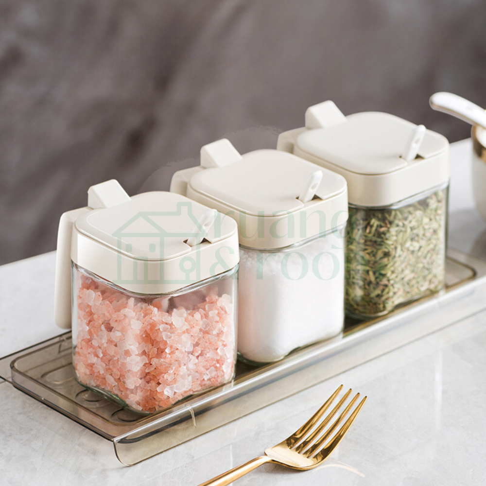 Square Salt Pepper Bottle Storage Glass Jar Condiments Seasoning Spices ...