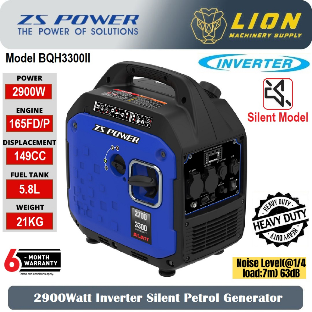 ZS POWER 2900Watt/2.9KW Inverter Silent Petrol Generator BHQ3300 (Recoil Start) - Heavy Duty For ...