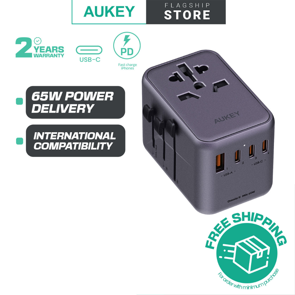 Aukey Universal Travel Adapter With USB-C and USB-A Ports | Shopee Malaysia