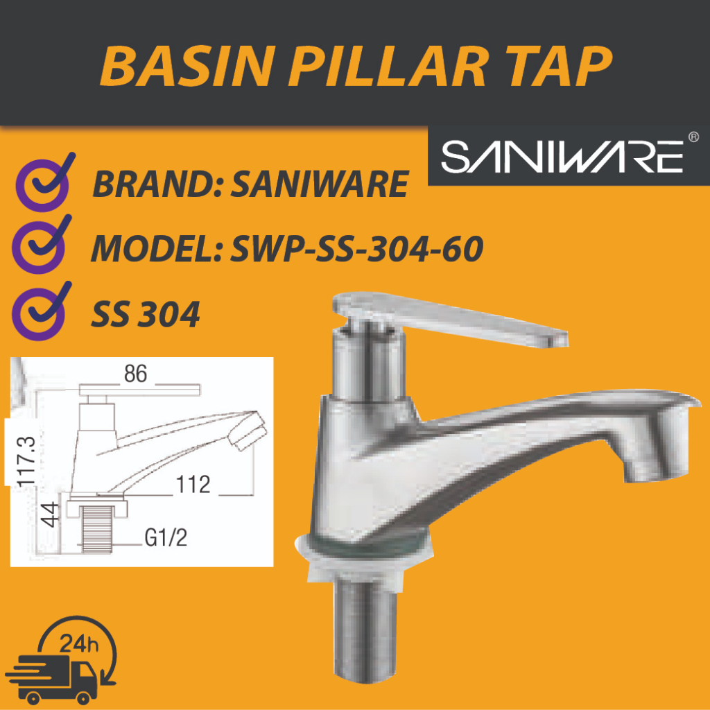 [SUS 304] Bathroom Basin Tap Stainless Steel / SWP-SS-304-60 / PILLAR ...