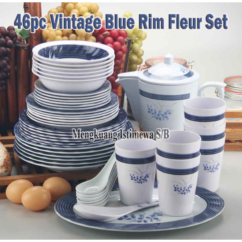44 PC + TEAPOT MELAMINE DINNER SET KOREAN BLUE FOR 6 SE34406RBF ...