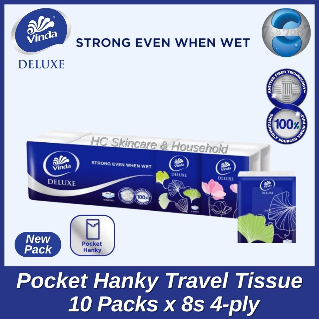 Vinda Deluxe Pocket Hanky Travel Tissue 4ply - 8's x 10 packs - Tisu ...