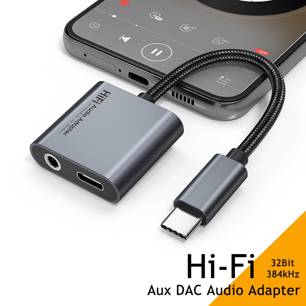 2 IN 1 Type C 3.5mm Aux Audio Jack Adapter DAC 32Bit 384kHz Converter ...