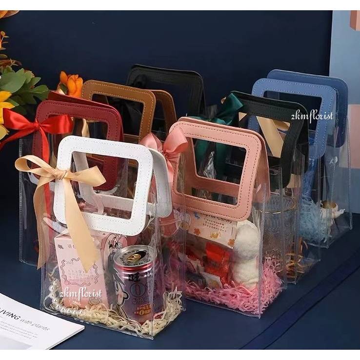 PVC BAG Double Layer Thicken PU Leather Handle Gift Event Transparent ...