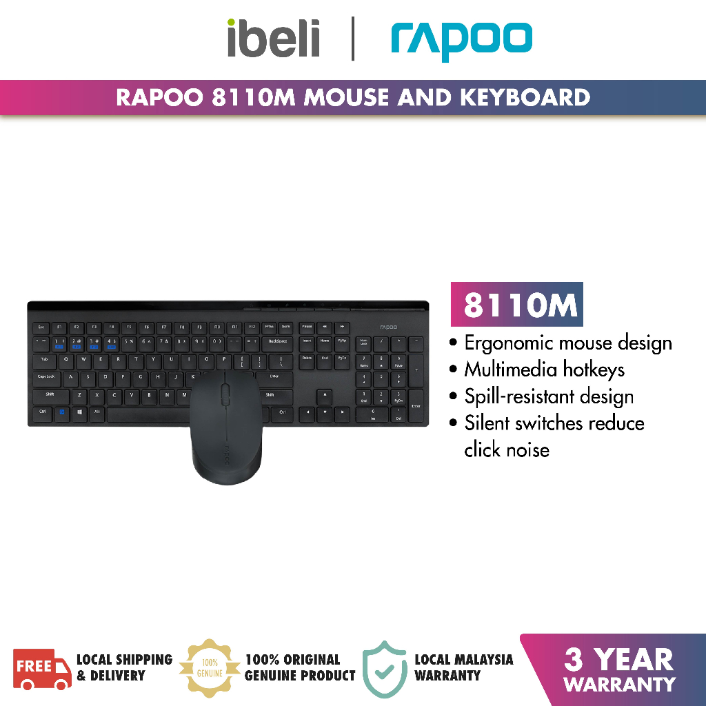 Rapoo 8110M Multi-Mode Wireless Bluetooth Keyboard/Mouse Combo Set - 3 ...