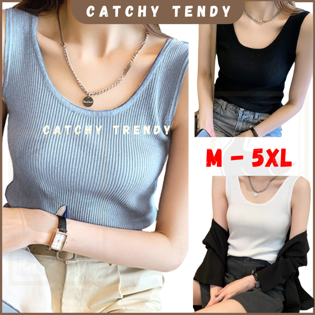 M-5XL Thin Women Singlet Ice Silk Elastic Wide Stripe Strap Tank Top ...