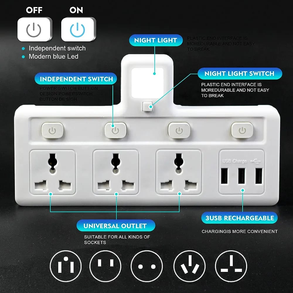 3 PIN SOCKET ADAPTOR ADAPTER SOCKET OUTLET USB PORT NIGHT LIGHT POWER ...