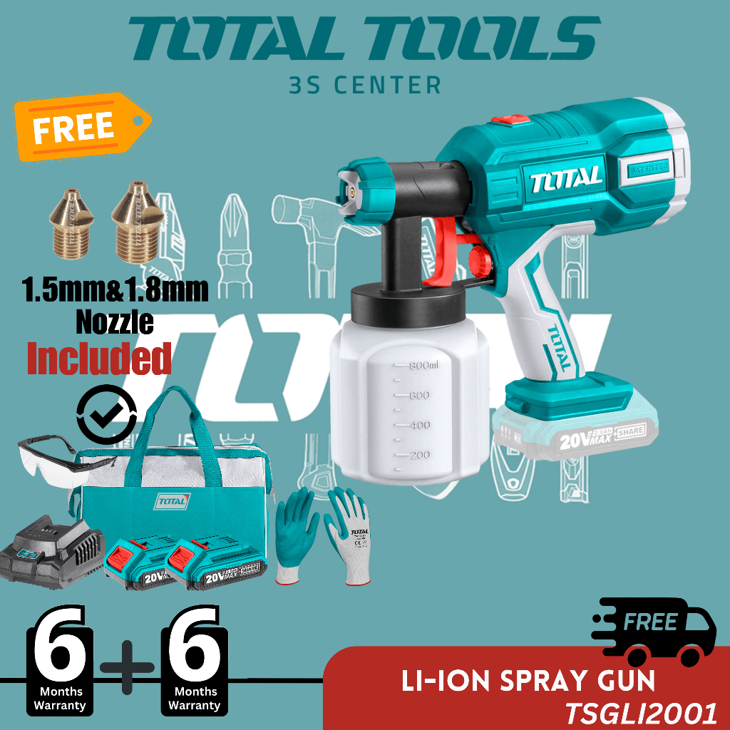TOTAL Cordless P20s Series 20v Li-ion Spray Gun + Steel Pot + Extra Free 1.5mm & 1.8mm Brass ...