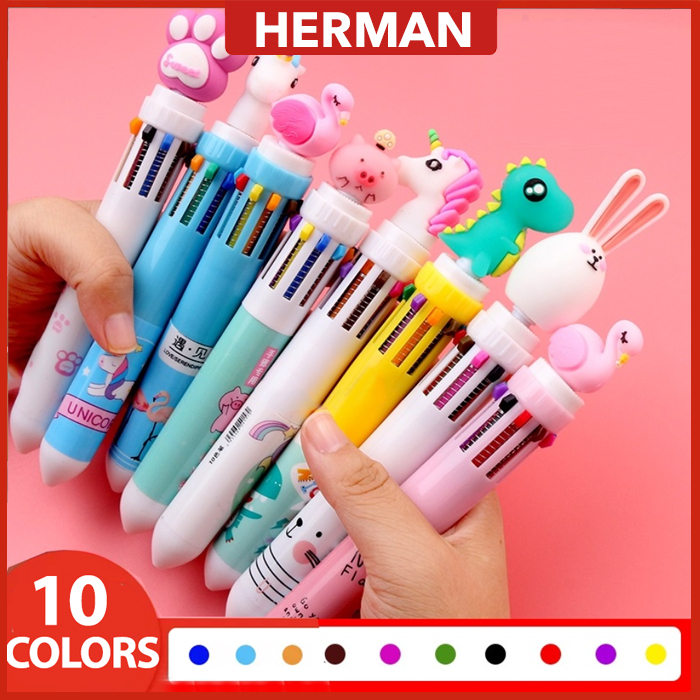 10in1 Cartoon Pen 10 color Retractable Unicorn Dinosaur ten colors kids ...