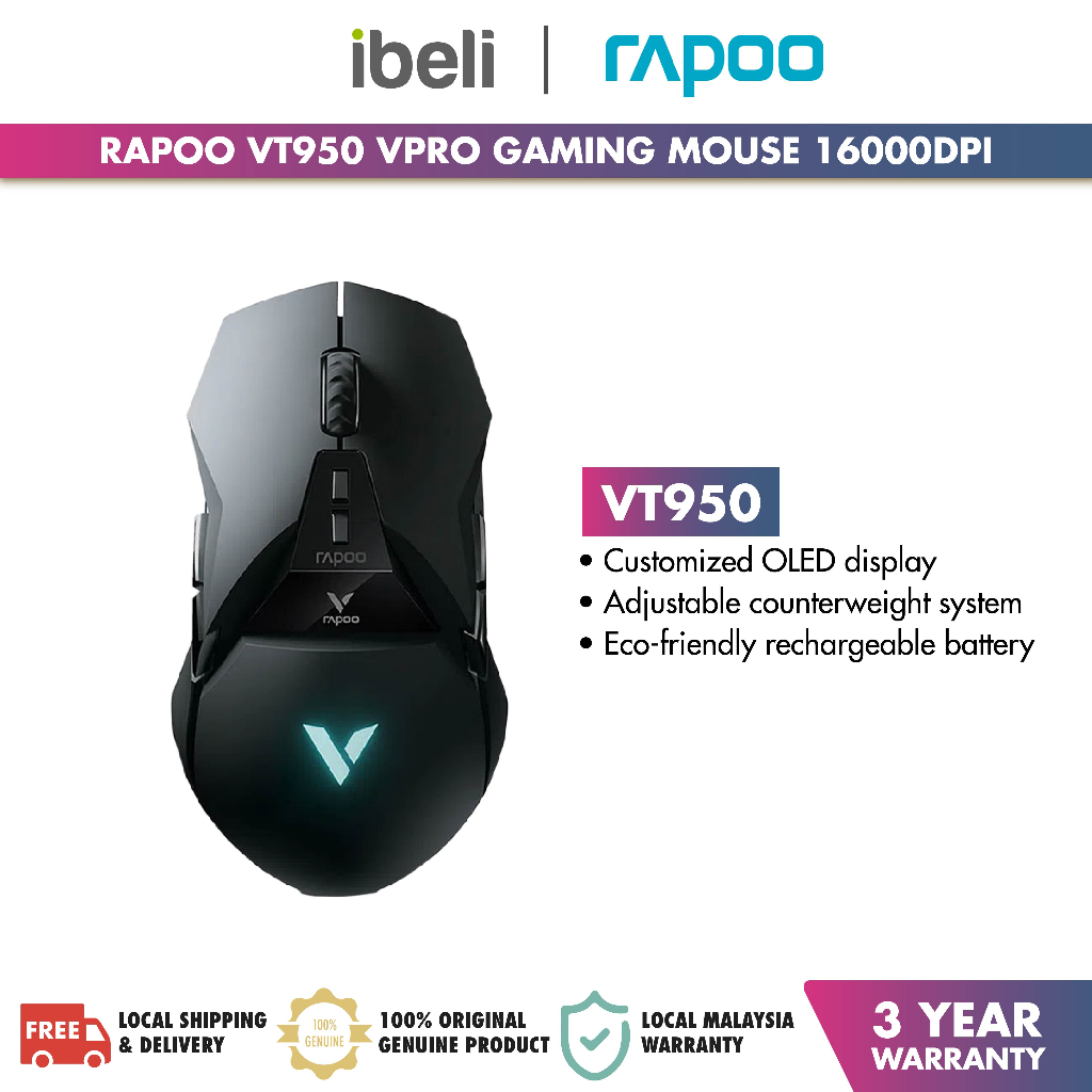 Rapoo VT950 VPRO Gaming Mouse 2.4G Wireless Mouse / Wired Mouse 16000DPI OLED Display RGB ...