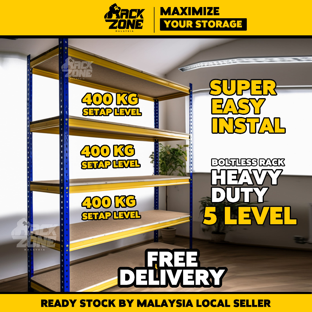 RACKZONE Yellow Blue 5 Level Rak Besi Bertingkat Boltless Rack Shelf ...