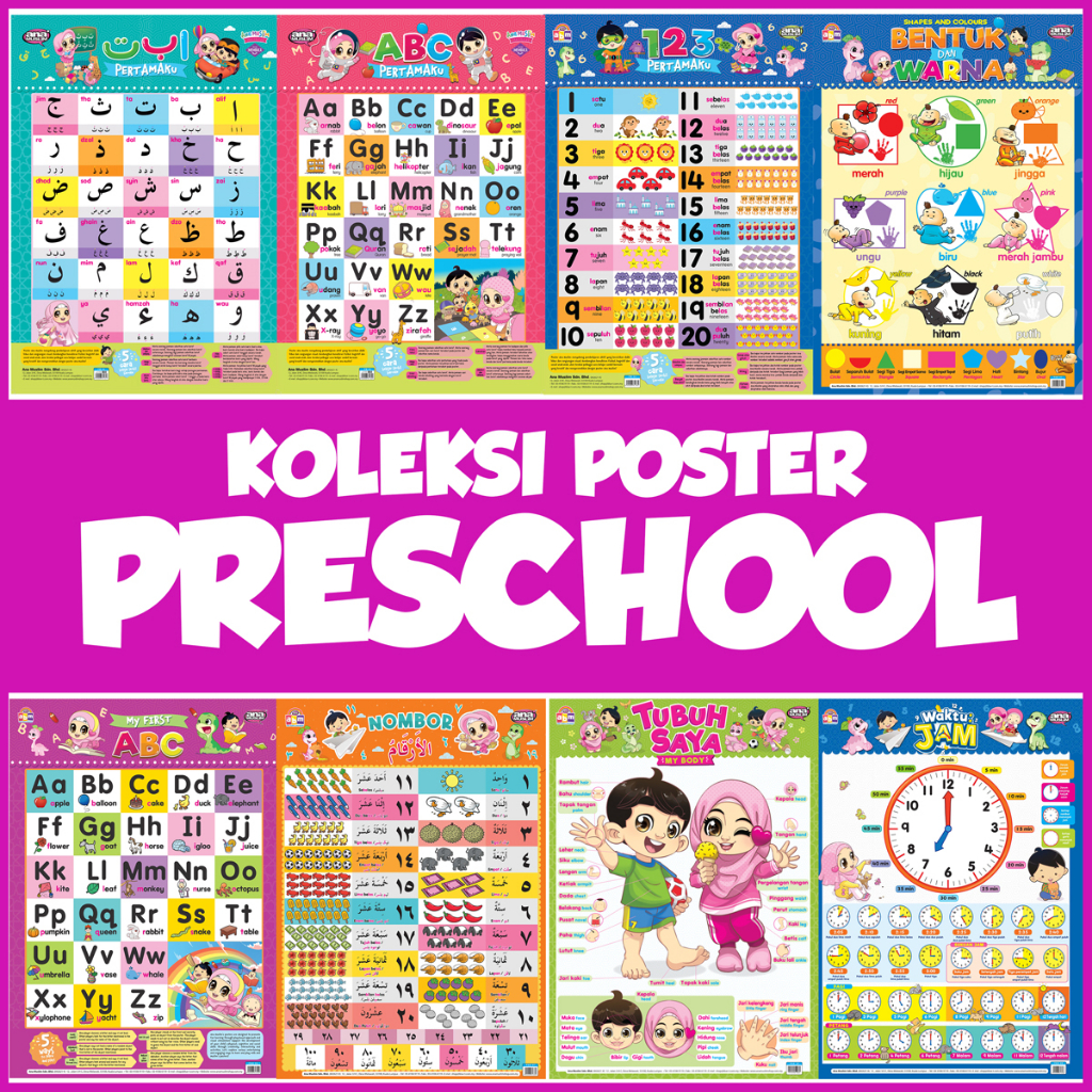 KOLEKSI LENGKAP POSTER PRESCHOOL TADIKA ANA MUSLIM ABC, 123, Alif Ba Ta ...