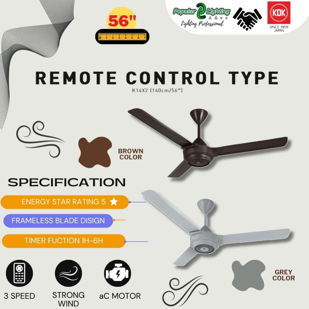KDK K14X2/K14XF 56" Remote Control 3 Blades Grey / Brown Remote Control ...