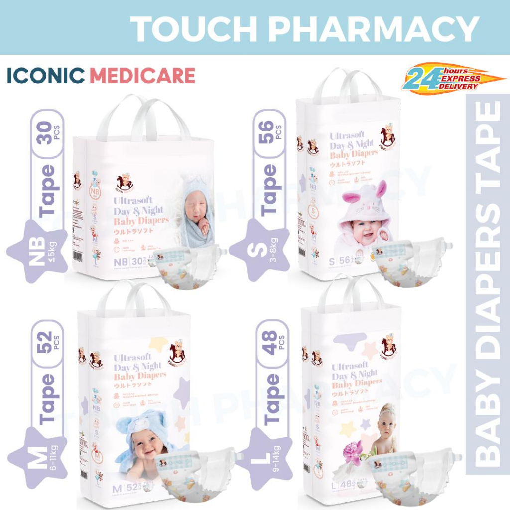 ICONIC Babycare Baby Diaper Tape NB-30's/S-56's/M-52's/L-48's (1 PACK ...