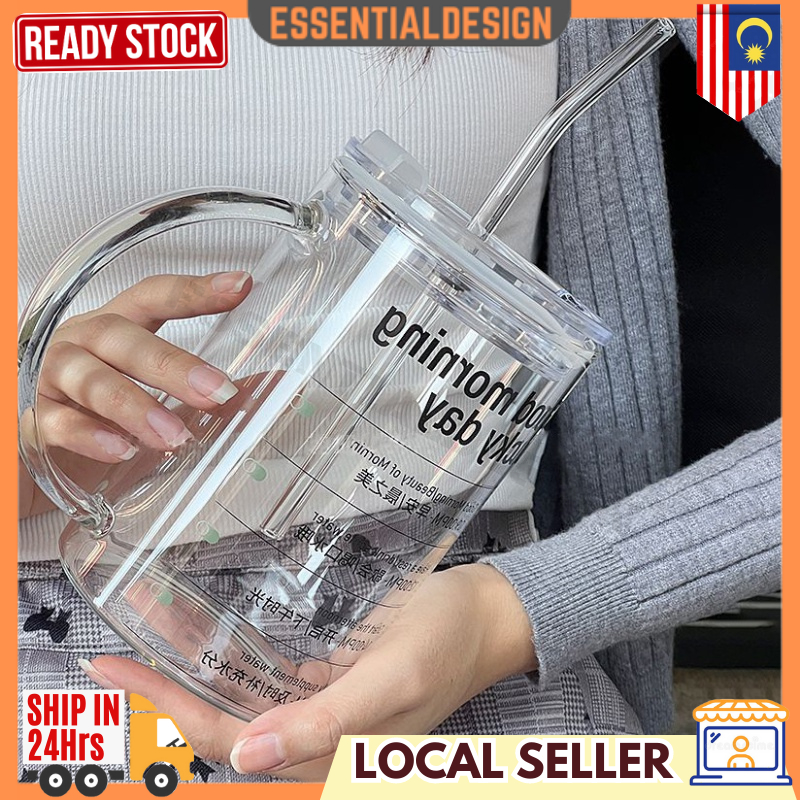 INS 1000ml Glass Cups With Lid And Straw Cute Coffee Mugs Big Glasses Water Milk Juice Cup ...