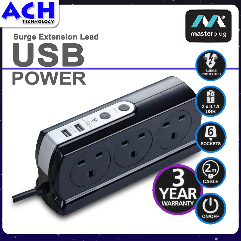 Masterplug 6 Gang Sockets with 2 x USB 3.1A & 2 Meter Surge Extension ...