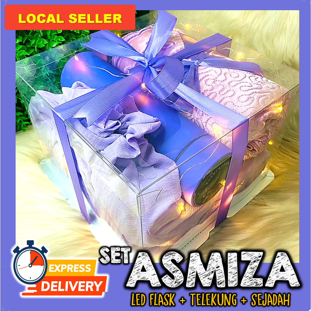 [SET ASMIZA Gift For Her] Telekung Sejadah Led flask Custom Name (24h ...