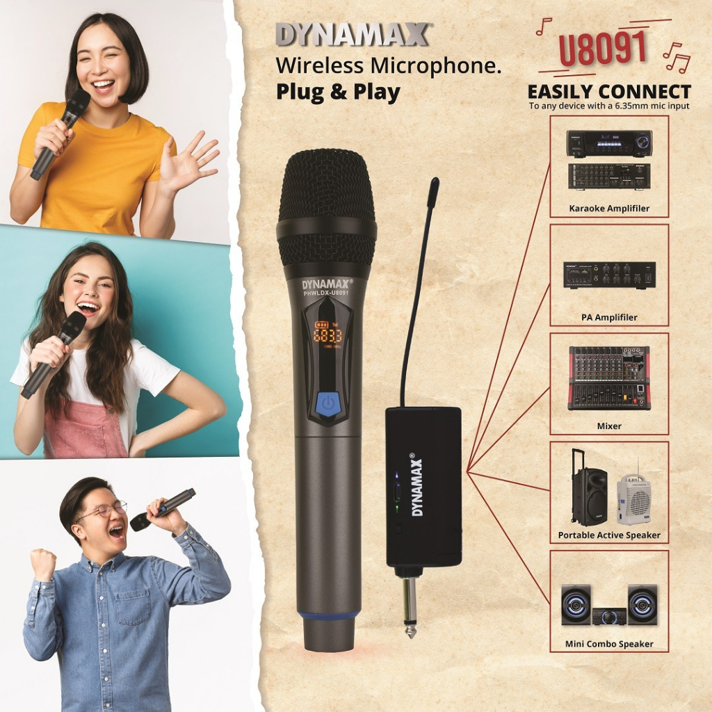 DYNAMAX U8091 UHF Wireless Handheld Microphone or Bodypac Headset ...