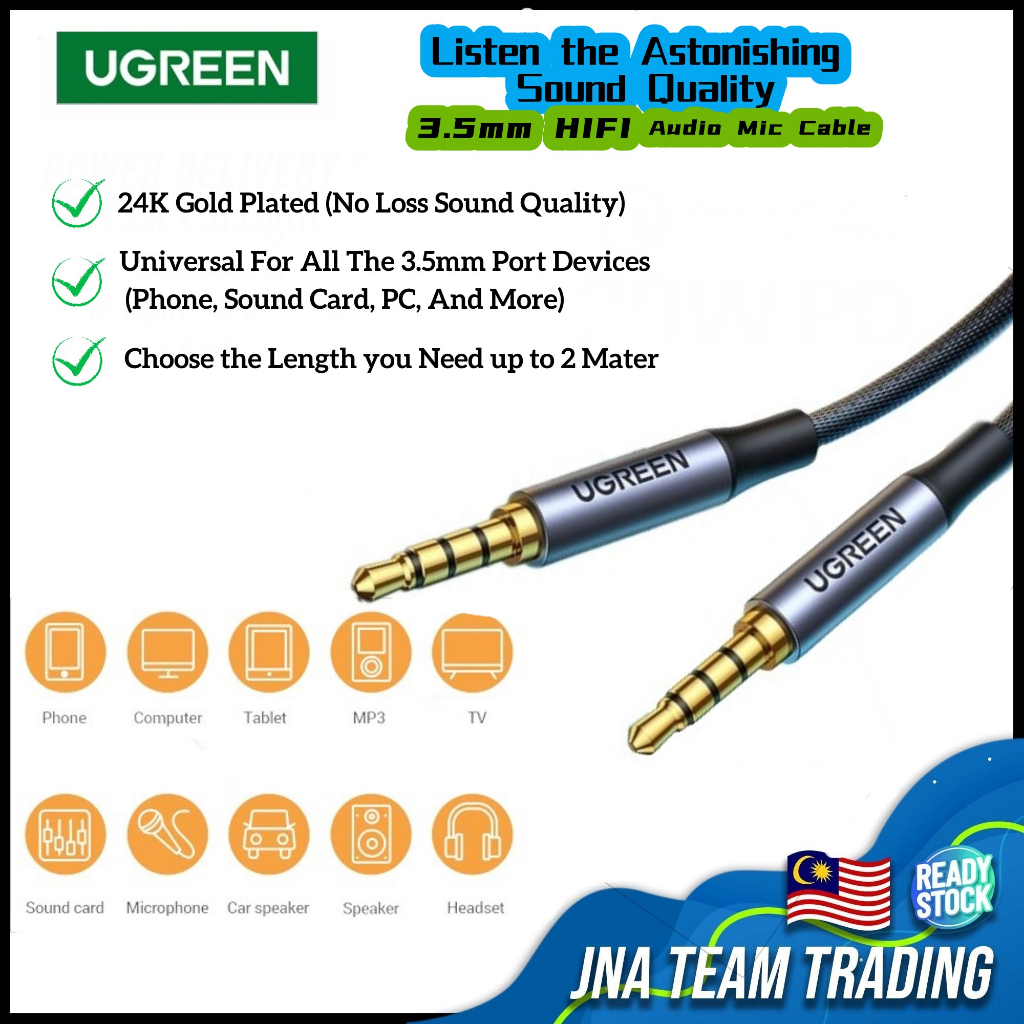UGREEN 3.5mm Audio Mic Cable 4 Pole TRRS 4-Conductor Auxiliary Male to ...