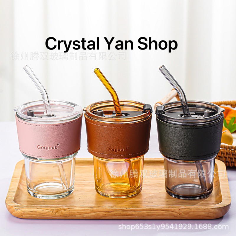 Glass Cup with Straws 400ml Transparent Glass Mug Teacup Coffee Cawan ...